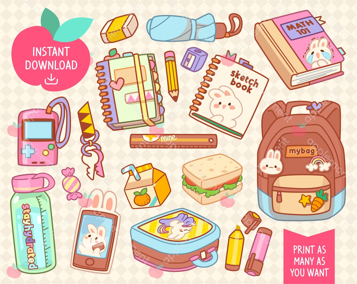 Cute Kawaii Digital Clipart Bunny Rabbit Study, School and Student ...