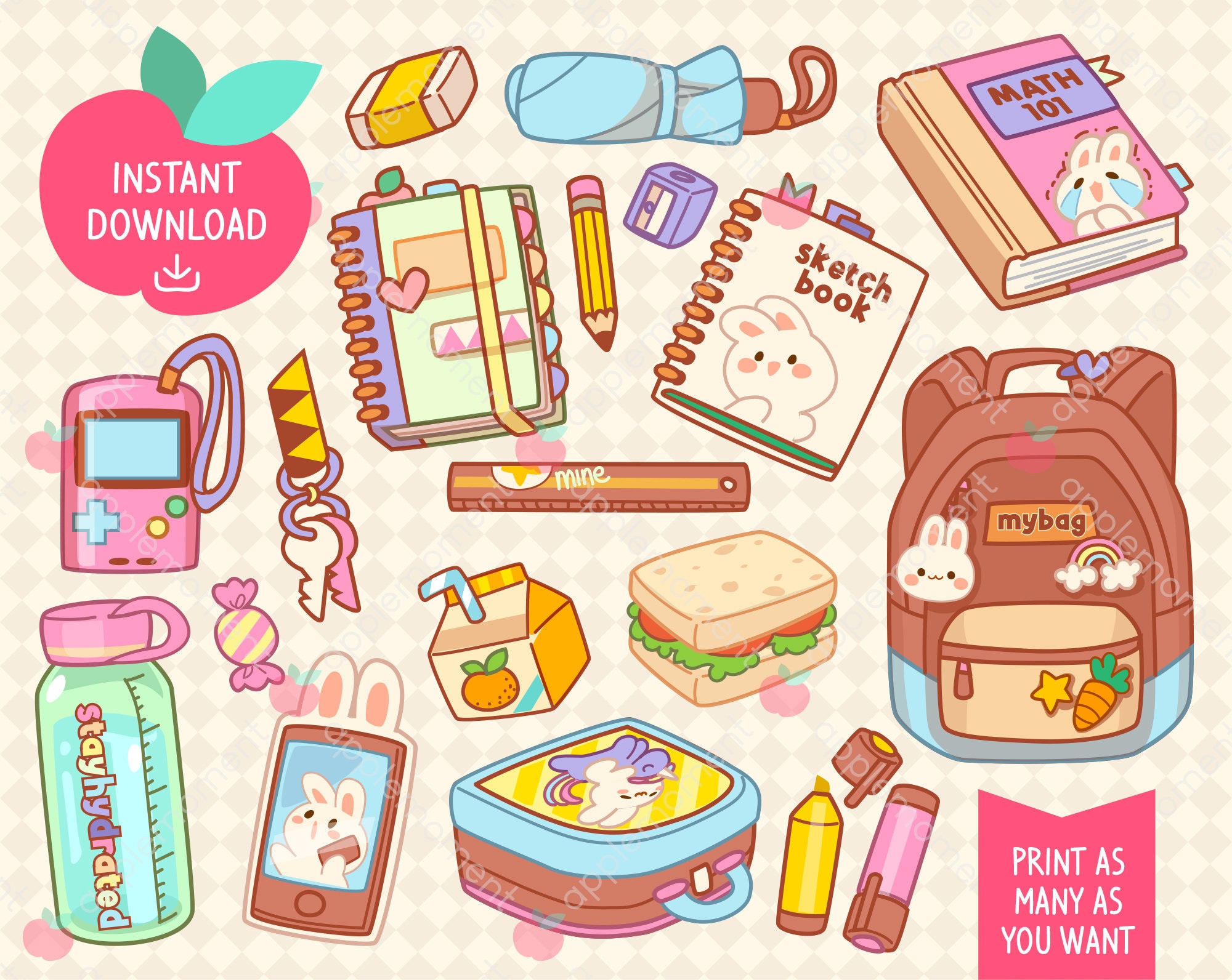 Cute Kawaii Digital Clipart Bunny Rabbit Study, School and Student ...