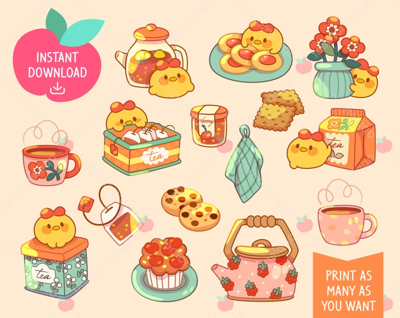 Cute Kawaii Printable Digital Stickers Clipart Tea Chick, Cookies and ...