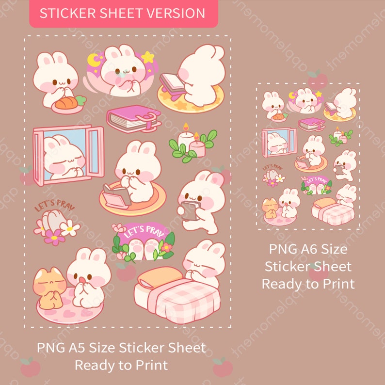 Cute Kawaii Printable Digital Stickers Clipart Bunny Rabbit Prayer, PNG ...