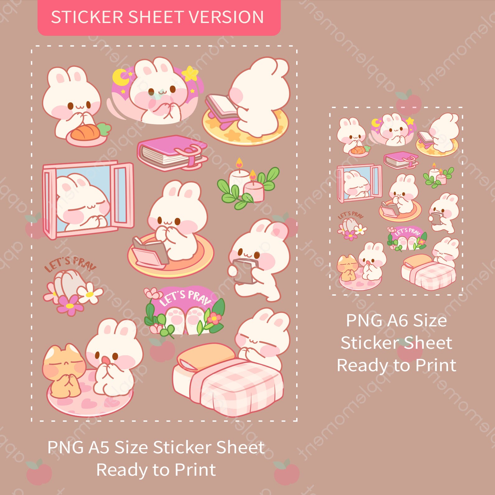 Cute Kawaii Printable Digital Stickers Clipart Bunny Rabbit Prayer, PNG ...