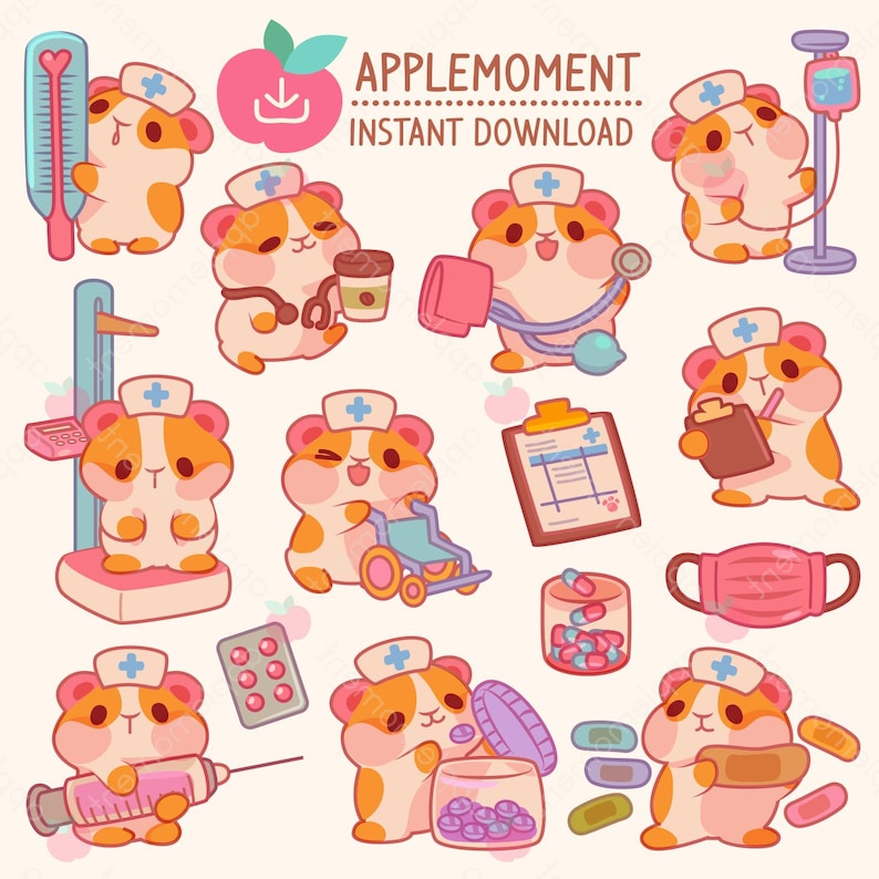 Cute Kawaii Printable Digital Stickers Clipart Nurse Guinea Pig, PNG ...
