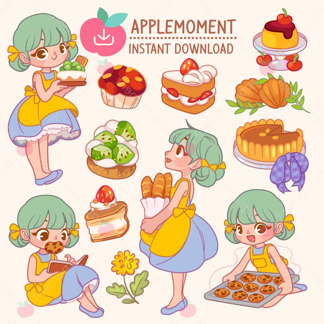 Cute Kawaii Printable Digital Stickers Clipart Cute Girl Baking, PNG ...
