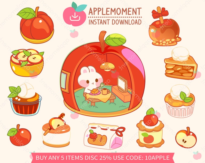 Cute Kawaii Printable Digital Stickers Clipart Apple House Bunny Rabbit ...
