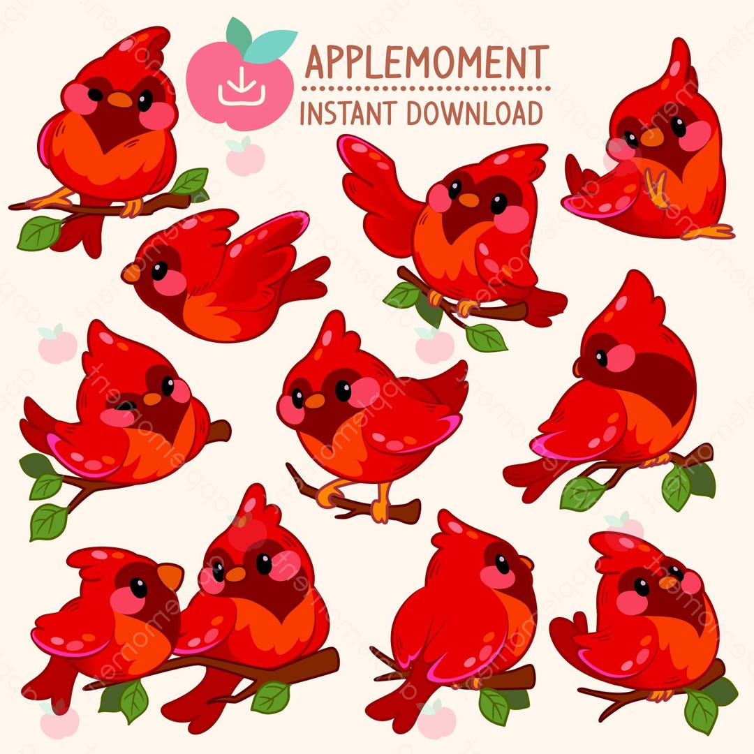 Cute Kawaii Printable Digital Stickers Clipart Animals Cardinal Bird ...
