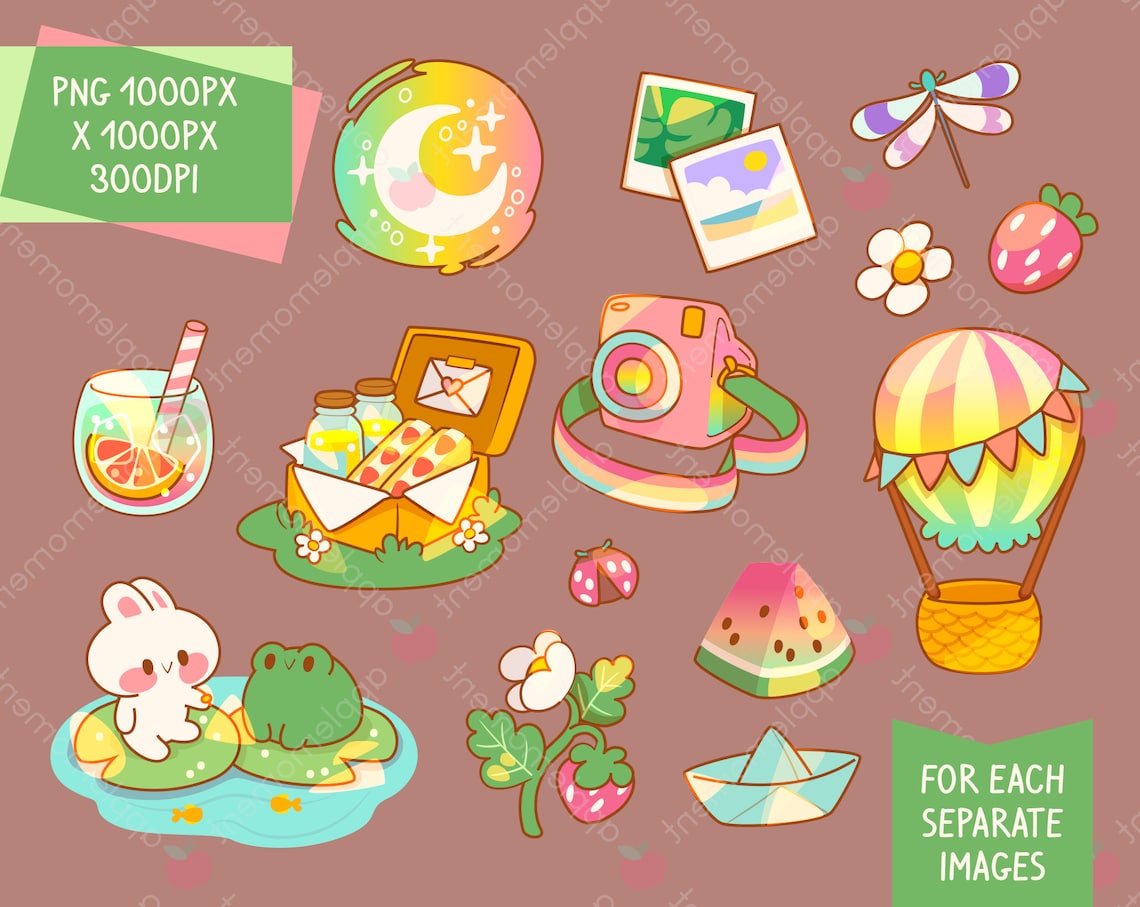 Cute Kawaii Printable Digital Stickers Clipart Rainbow Bunny Rabbit and ...