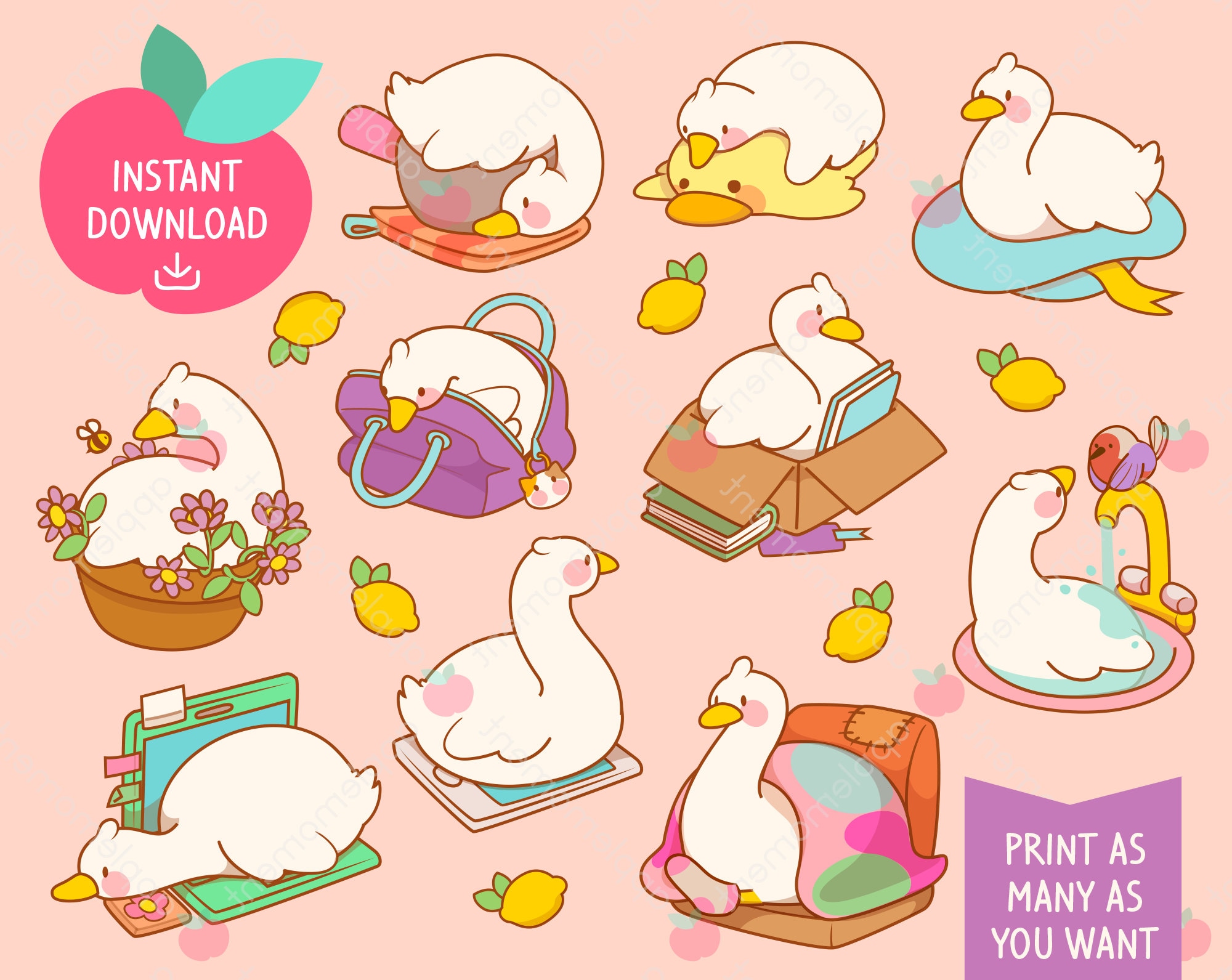Cute Kawaii Printable Digital Stickers Clipart Daily Duck Goose, Cozy ...