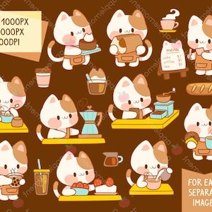 Kawaii Cat Bakery Clipart: Coffee Cafe, Rainbow Kitty (PNG Digital ...