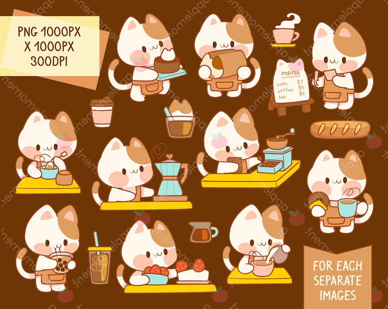Kawaii Cat Bakery Clipart: Coffee Cafe, Rainbow Kitty (PNG Digital ...