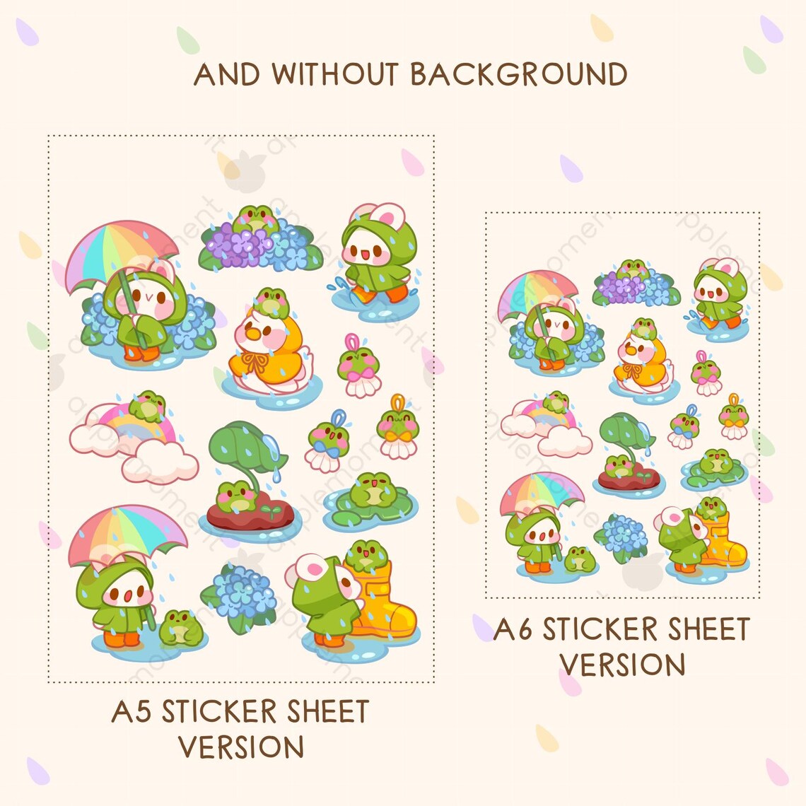 Kawaii Rainy Day Clipart Stickers, Bunny and Frog (PNG, Digital ...