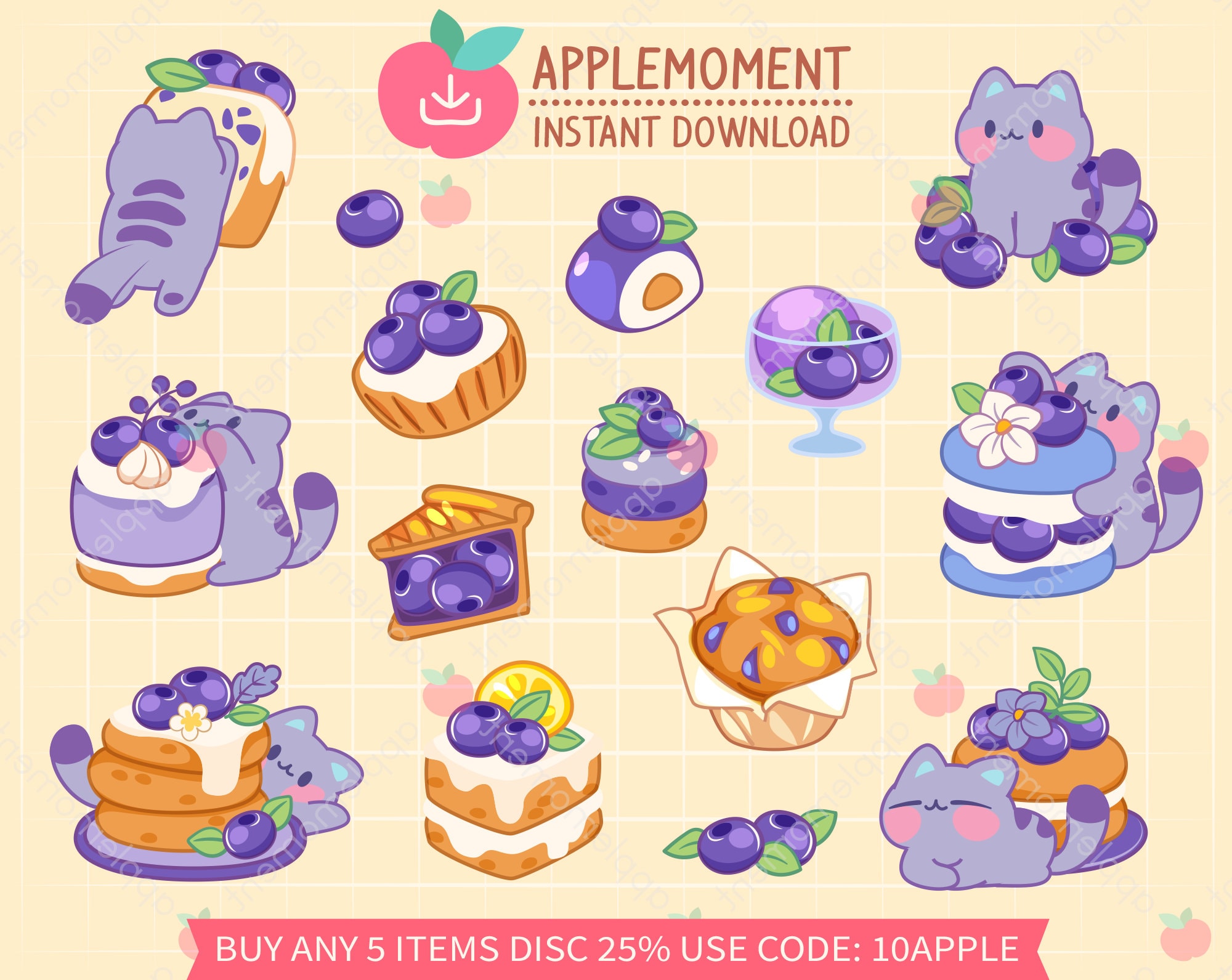 Cute Kawaii Printable Digital Stickers Clipart Illustration Blueberry ...