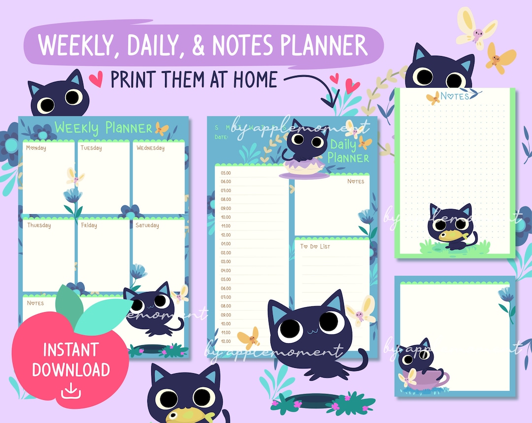 Cute Kawaii Stationery Sheet Blue Cat Butterfly, Home, Printable ...