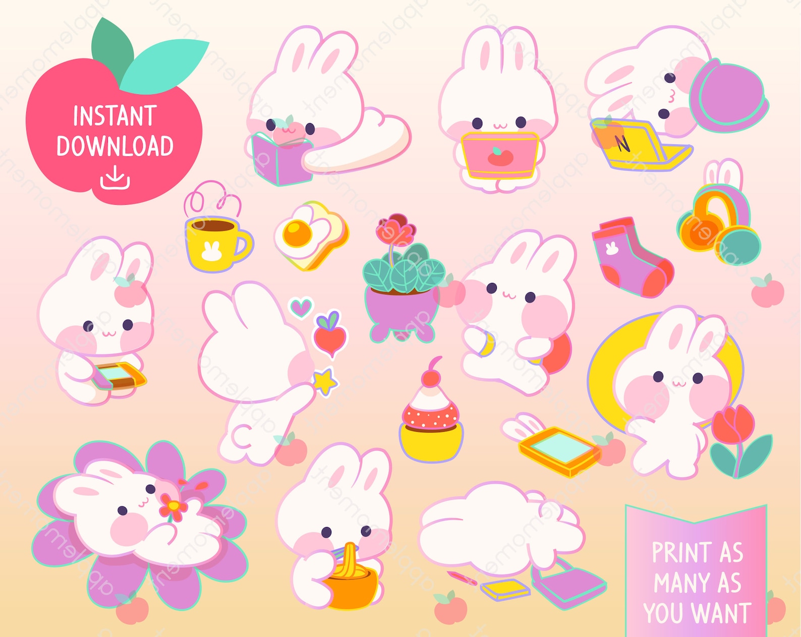 Cute Kawaii Printable Digital Stickers Clipart Rainbow Bunny Rabbit ...
