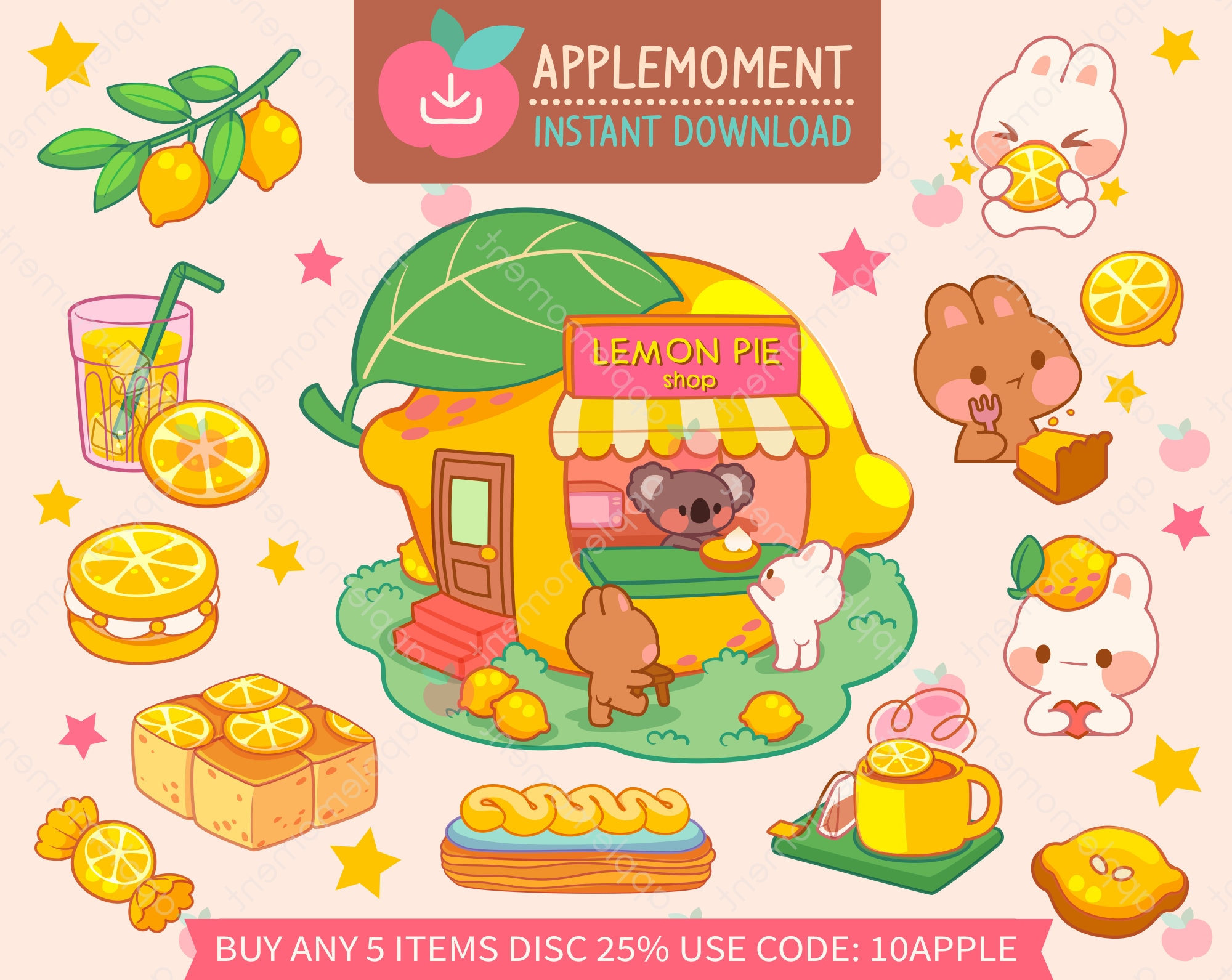 Cute Kawaii Printable Digital Stickers Clipart Bunny Rabbit Lemon Pie ...