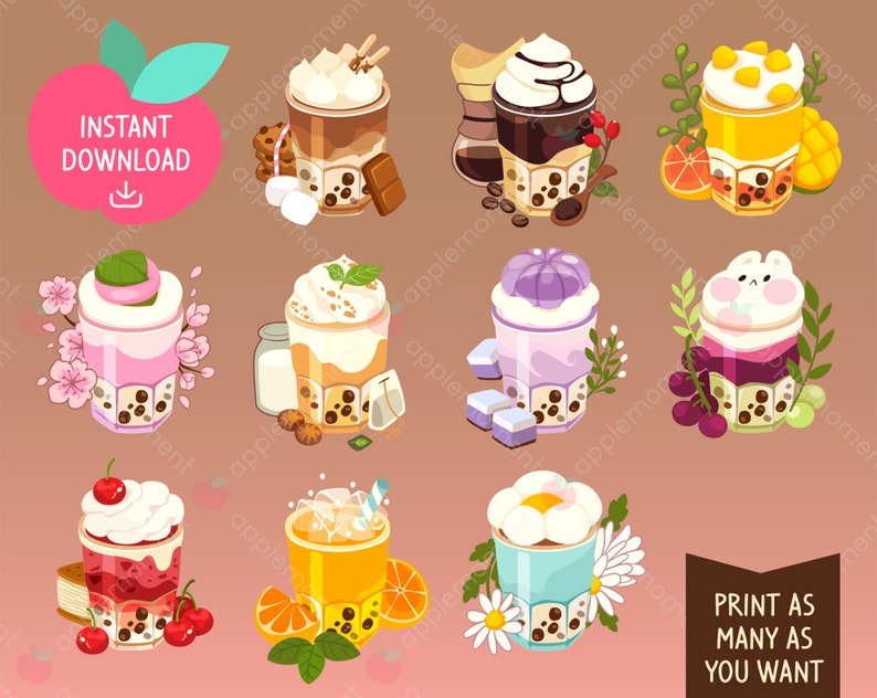Cute Kawaii Printable Digital Stickers Clipart Rainbow Boba Coffee