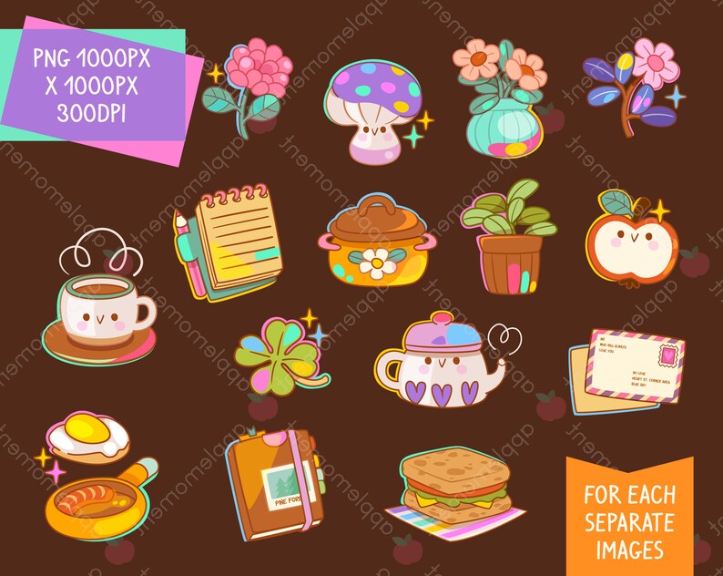 Cute Kawaii Printable Digital Stickers Clipart Rainbow Flower Kitchen ...