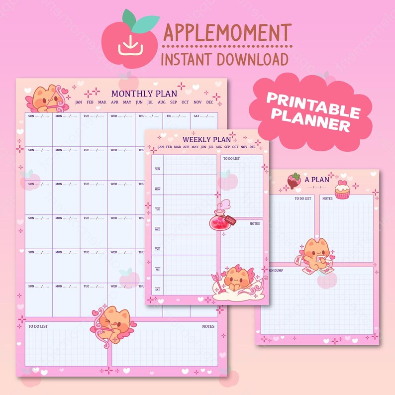 Kawaii Cupid Cat Planner Set, Monthly, Weekly, Notepad (PDF, PNG) - Etsy UK