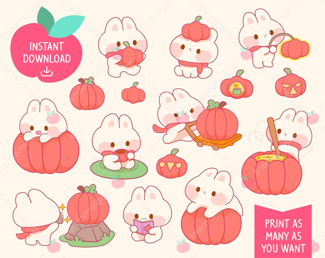 Cute Kawaii Printable Digital Stickers Clipart Bunny With Pink Pumpkin ...