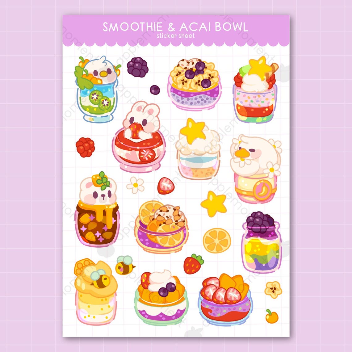 Kawaii Smoothie and Acai Bowl Clipart Sticker Sheet, Commercial PNG ...