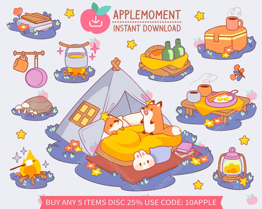 Cute Kawaii Printable Digital Stickers Clipart Camping Fox, PNG ...