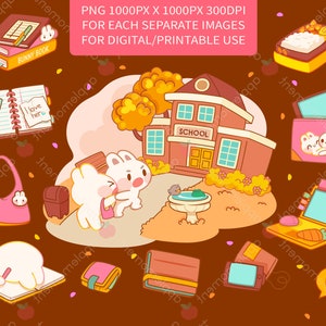Kawaii Bunny Clipart Stickers: Back to School Planner PNG (digital ...