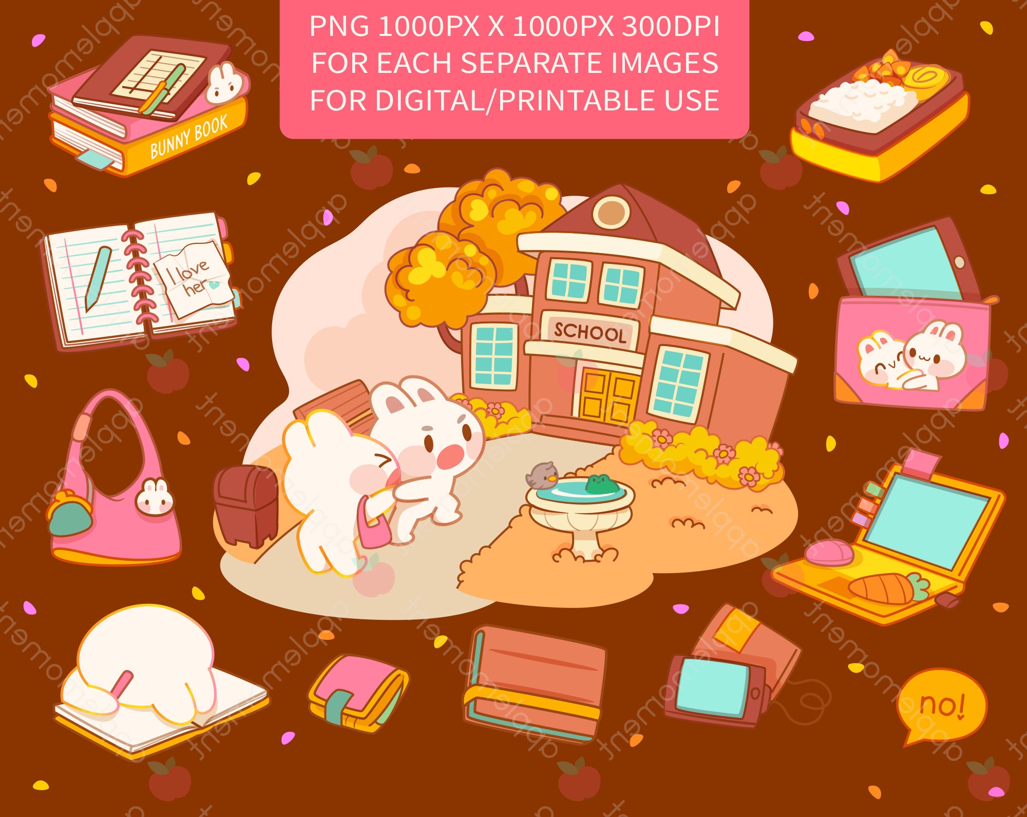 Kawaii Bunny Clipart Stickers: Back to School Planner PNG (digital ...