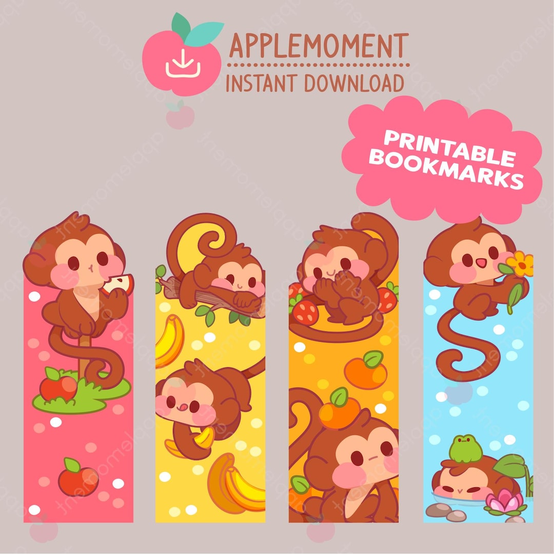 Kawaii Monkey With Fruit Printable Bookmarks, Funny City Bird PNG ...