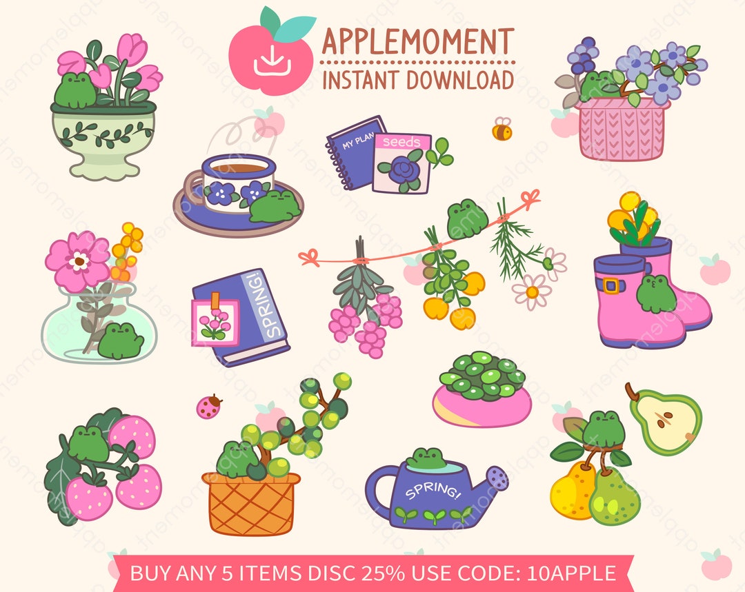 Cute Kawaii Printable Digital Stickers Clipart Spring Flower Frog, PNG ...