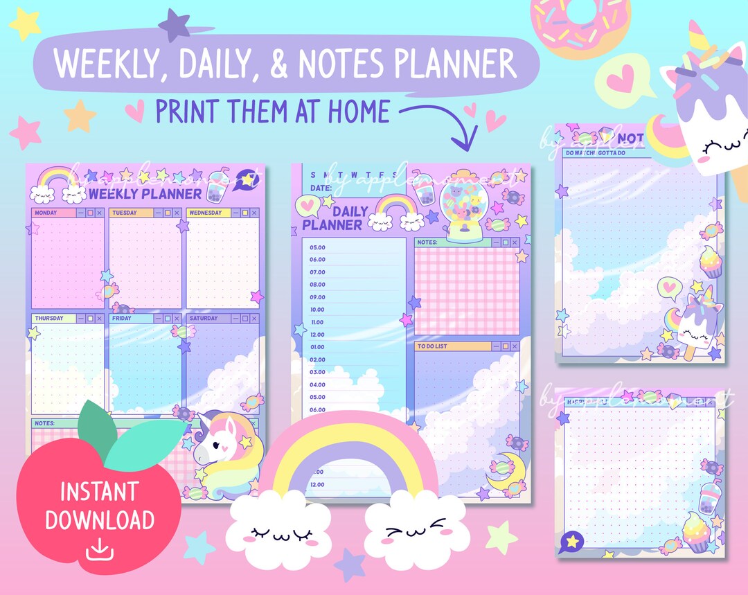Cute Kawaii Stationery Sheet Rainbow Unicorn Candy, Home, Printable ...