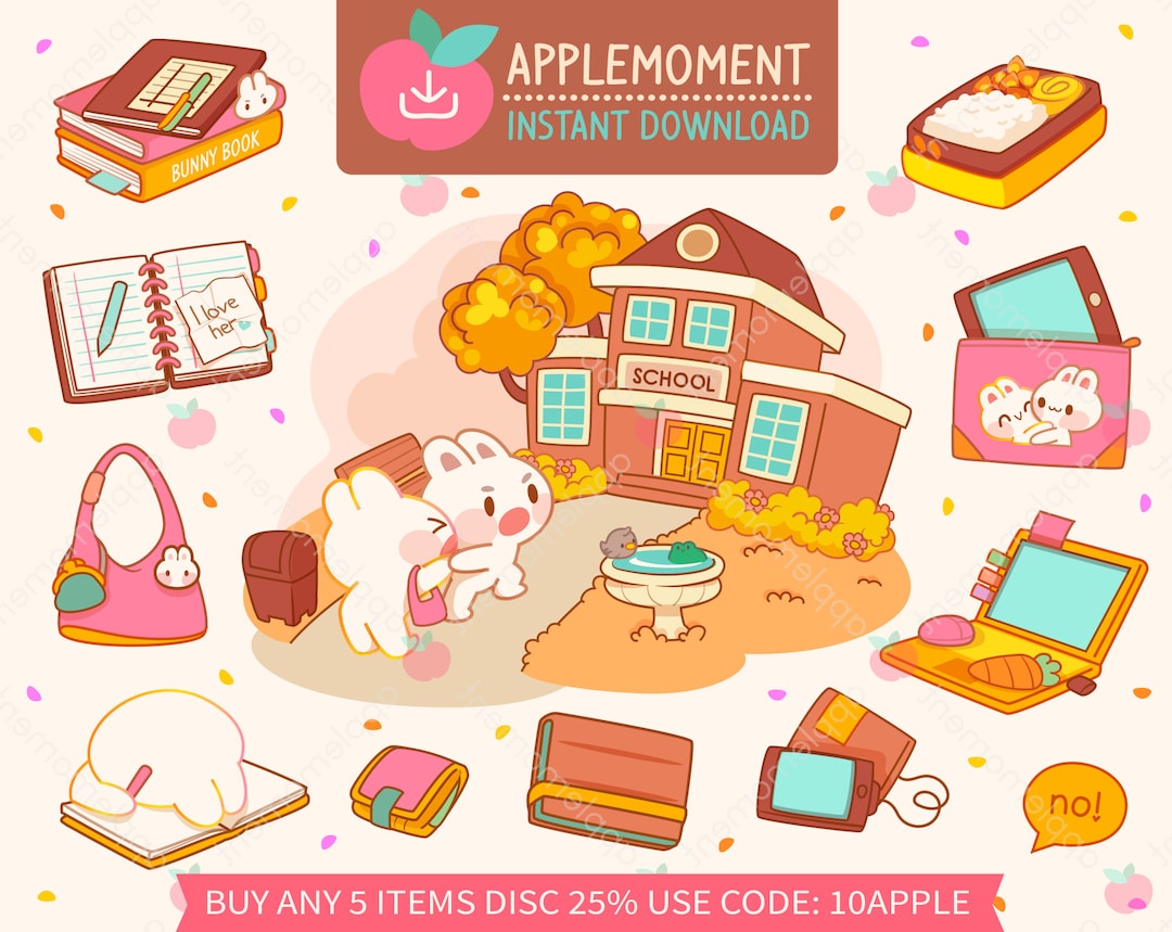 Kawaii Bunny Clipart Stickers: Back to School Planner PNG (digital ...