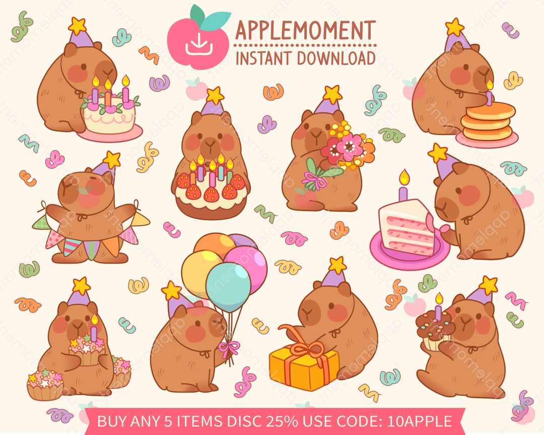 Kawaii Capybara Birthday Clipart Stickers, PNG, Goodnotes (digital ...