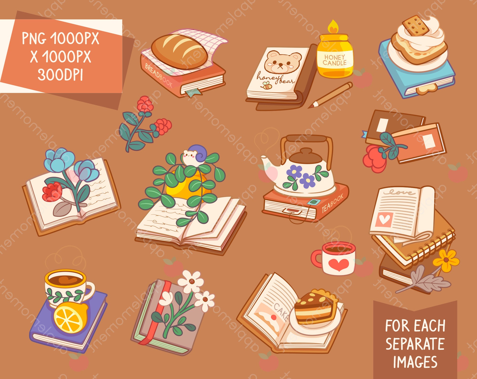Cute Kawaii Printable Digital Stickers Clipart Books and Flowers, Cake ...