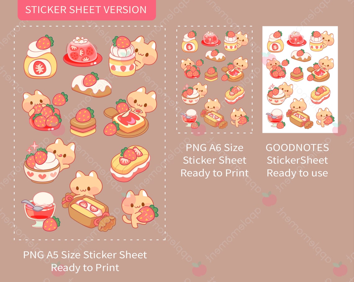 Cute Kawaii Printable Digital Stickers Clipart Strawberry Cat Cake, PNG ...