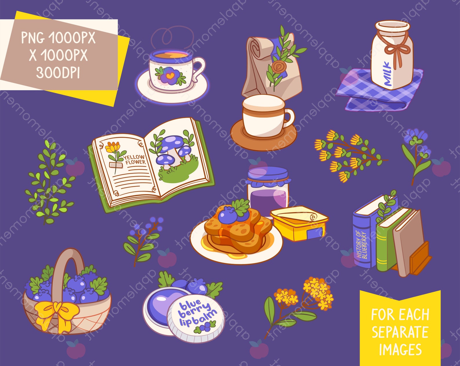 Cute Kawaii Printable Digital Stickers Clipart Blueberry Cottagecore ...