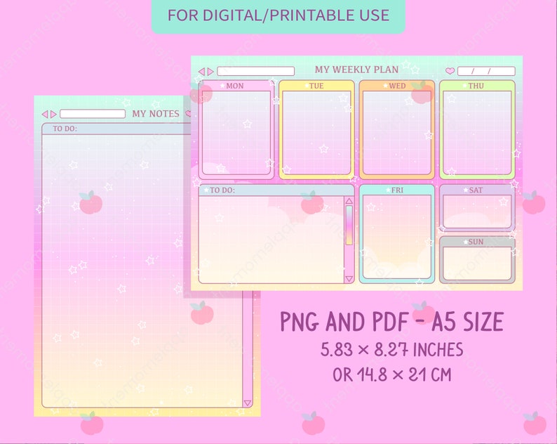 Cute Kawaii Printable Digital Weekly Planner Rainbow Sky, Aesthetic ...