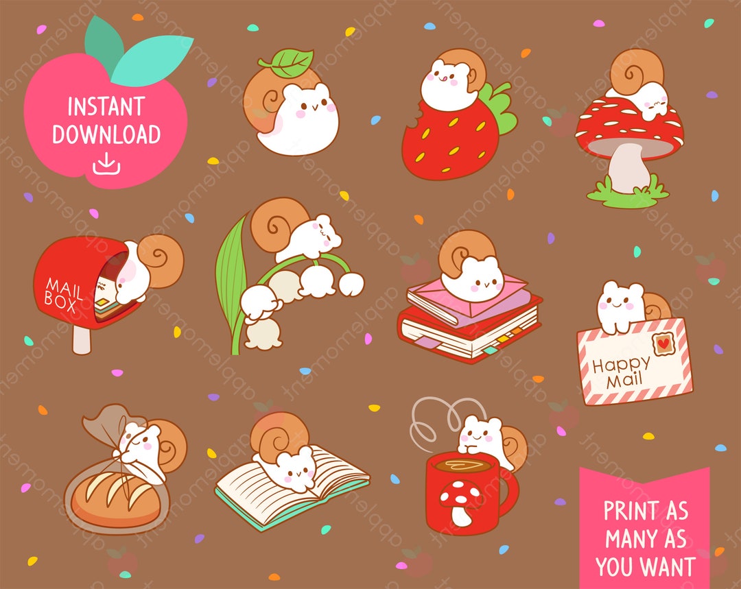 Cute Kawaii Printable Digital Stickers Clipart Red Rainbow Snail Mail ...
