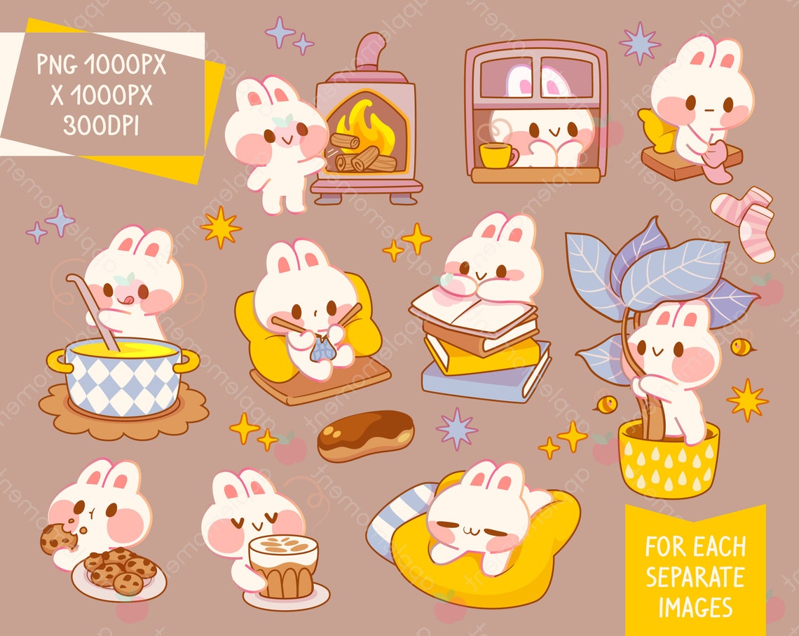 Cute Kawaii Printable Digital Stickers Clipart Rainbow Bunny Rabbit ...