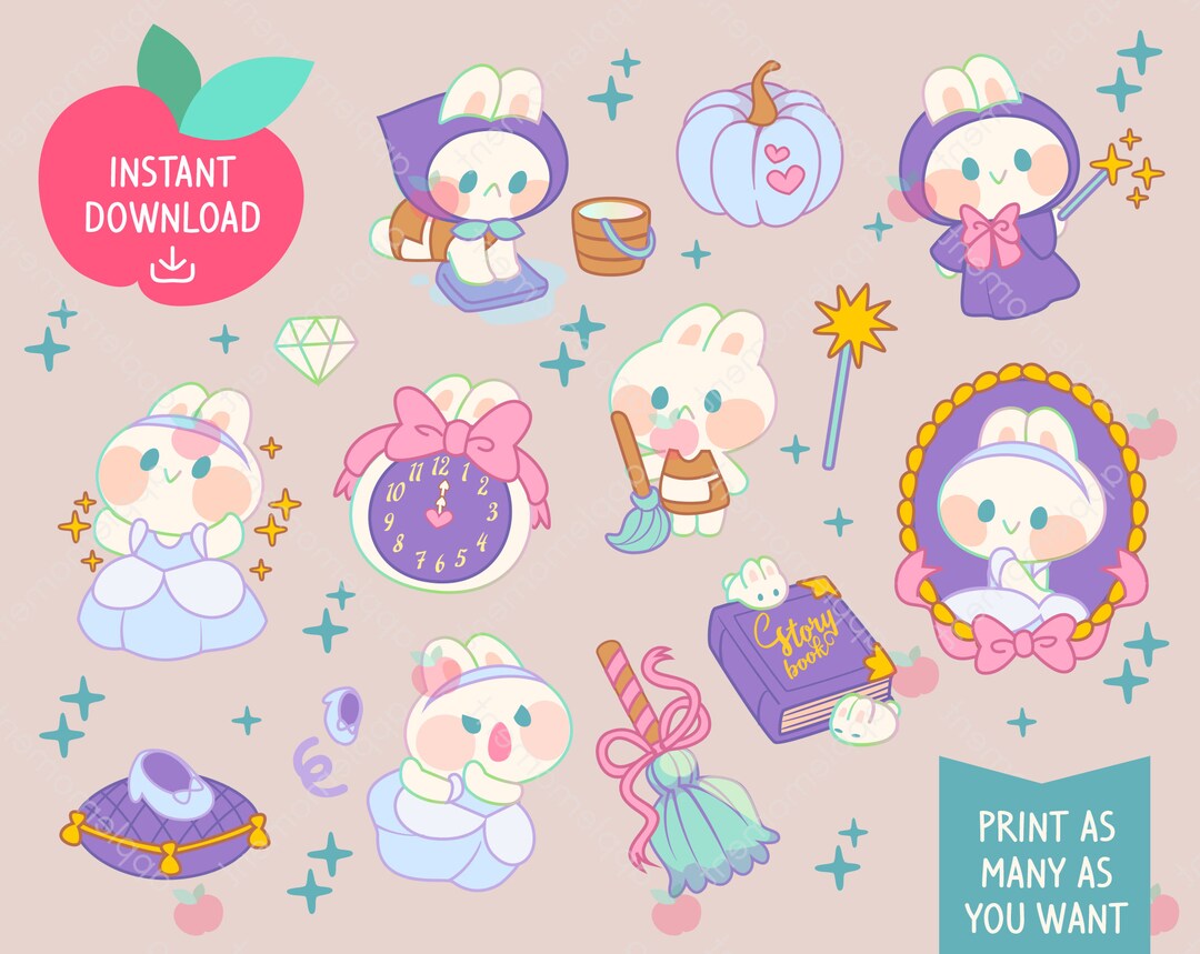 Cute Kawaii Printable Digital Stickers Clipart Cinderella Rainbow Bunny ...