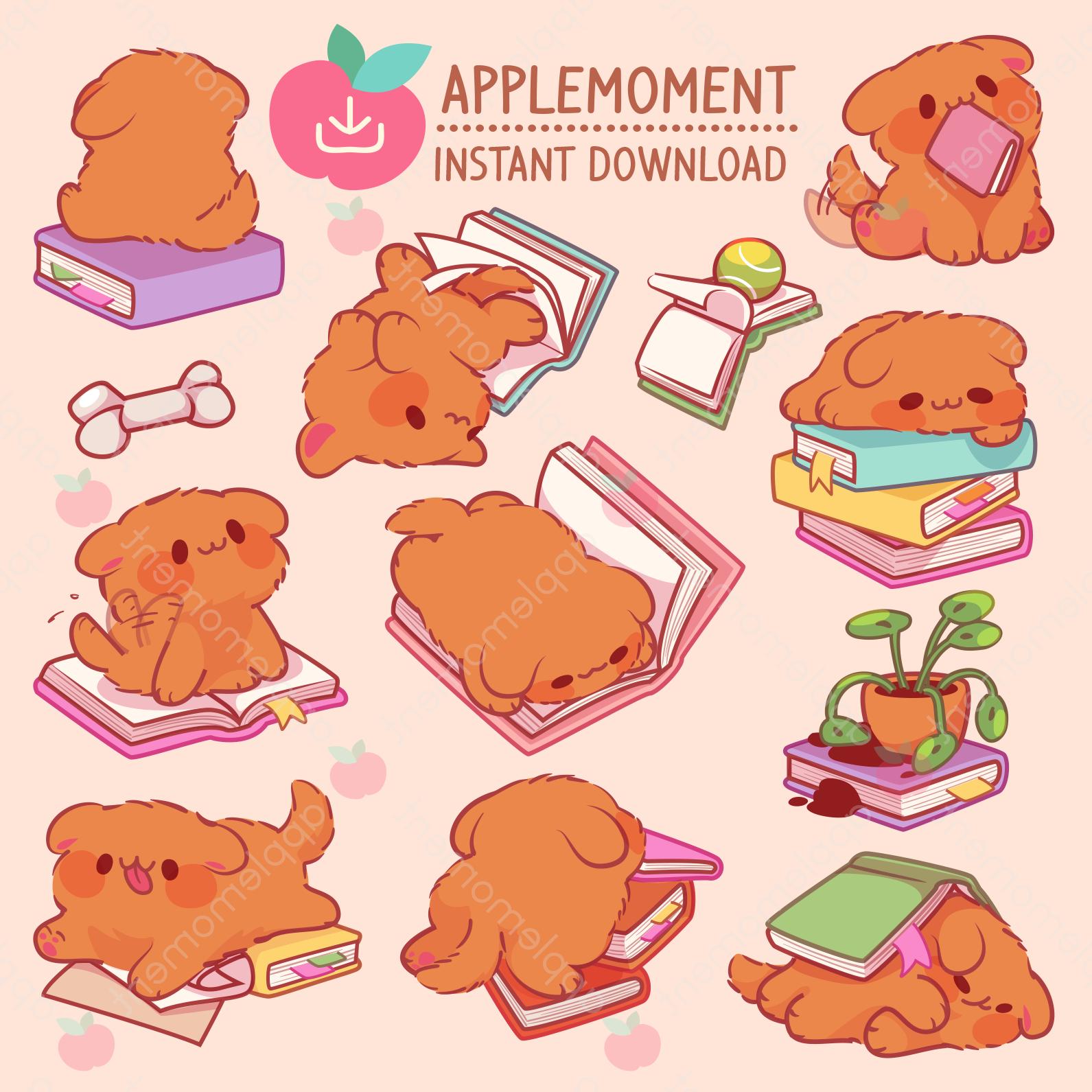 Cute Kawaii Printable Digital Stickers Clipart Puppy Dog and Books, PNG ...