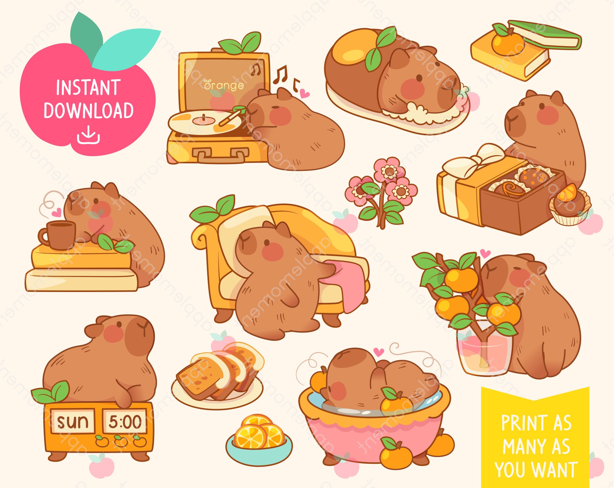 Cute Kawaii Printable Digital Stickers Clipart Orange Giant Cavy Rodent ...