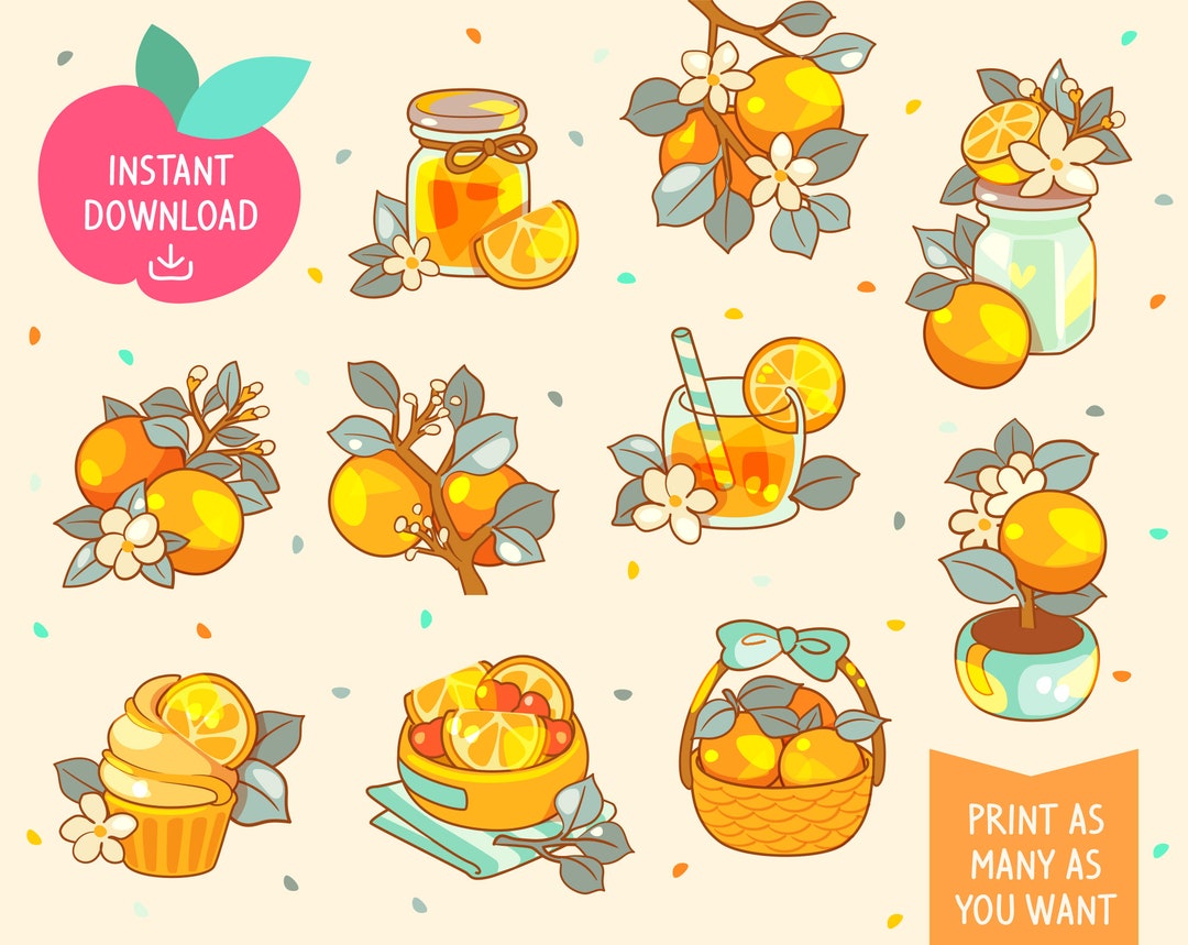 Cute Kawaii Printable Digital Stickers Clipart Rainbow Fresh Orange ...