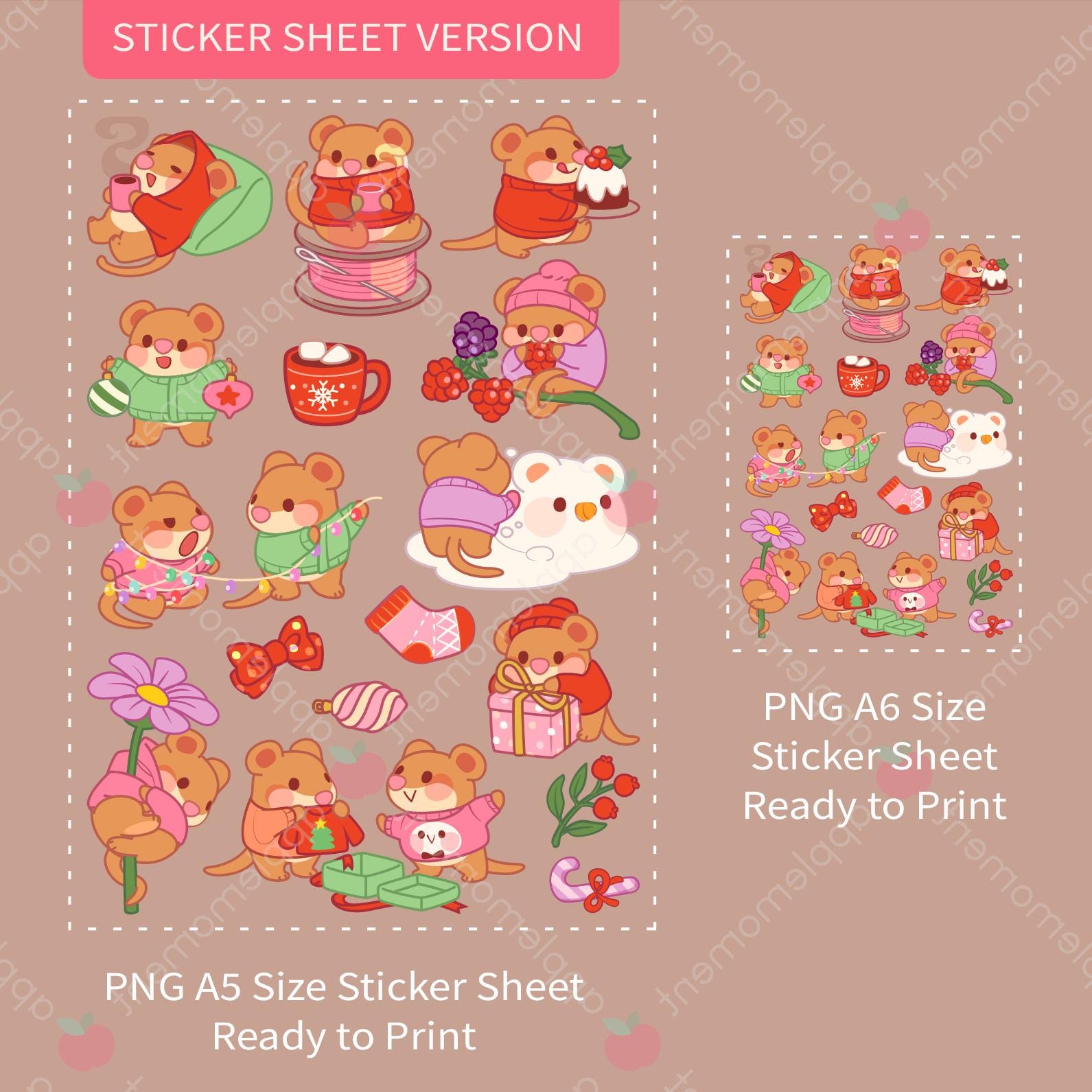 Kawaii Christmas Dormouse Clipart Stickers, Animal PNG (digital ...