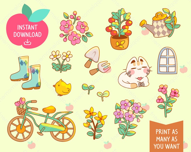 Cute Kawaii Printable Digital Stickers Clipart Rainbow Spring Summer ...
