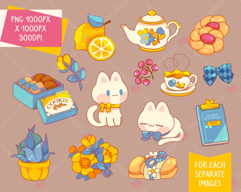 Kawaii Cat & Tea Clipart Stickers: Blue Lemon Cookies (PNG Digital ...