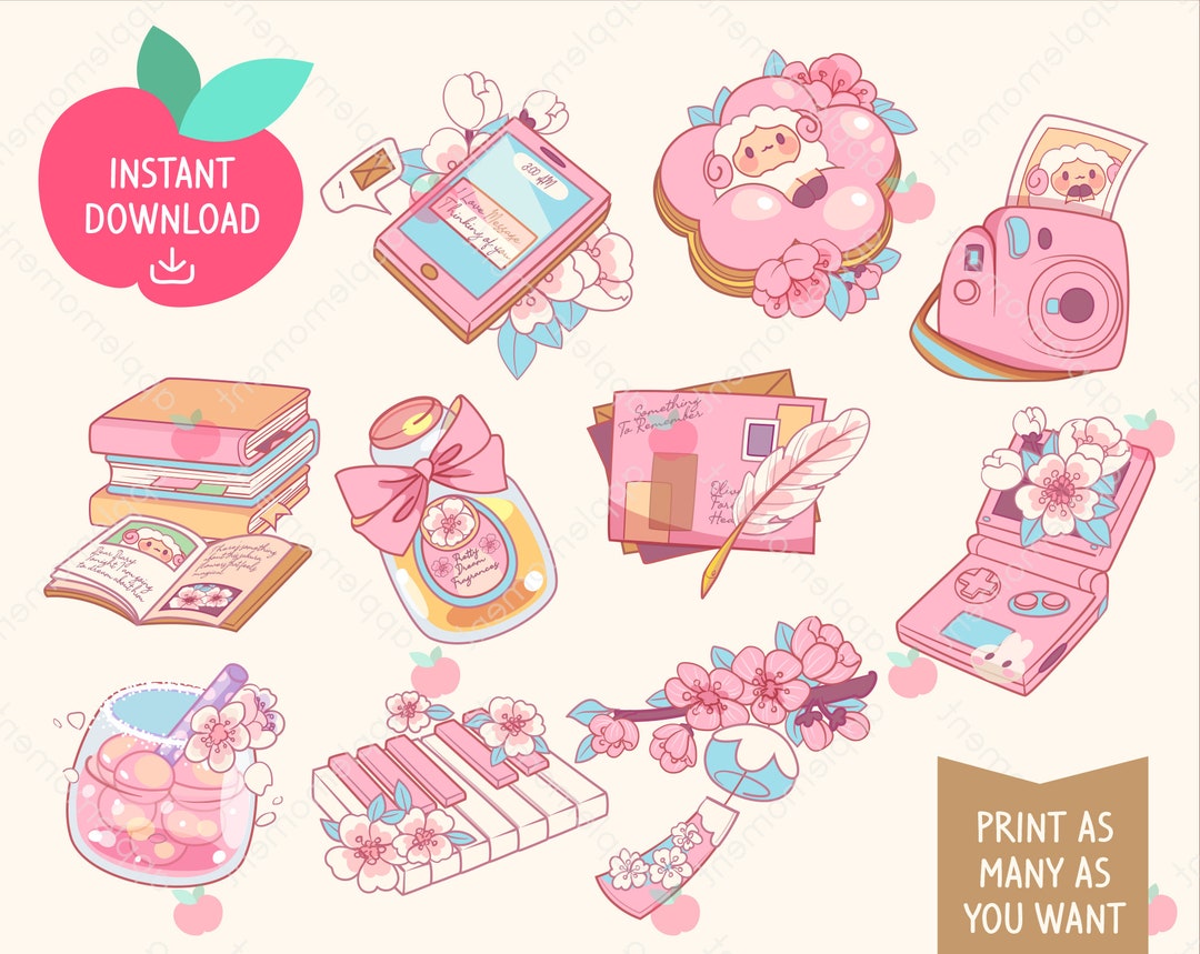 Cute Kawaii Printable Digital Stickers Clipart Pink Gold Sakura Sheep ...