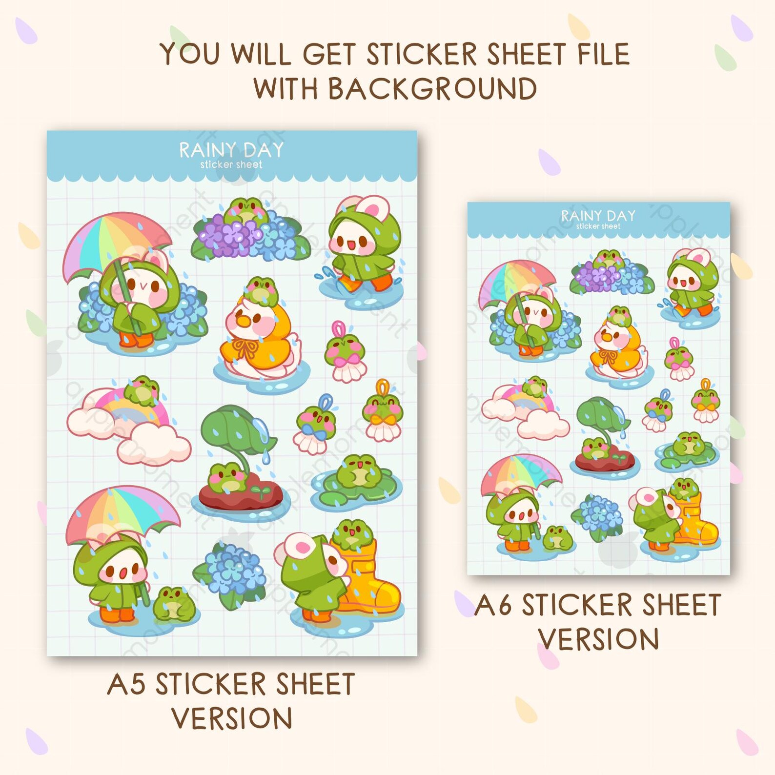 Kawaii Rainy Day Clipart Stickers, Bunny and Frog (PNG, Digital ...