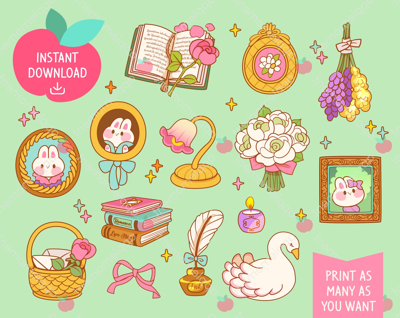 Cute Kawaii Printable Digital Stickers Clipart Bunny Rabbit, Fancy ...