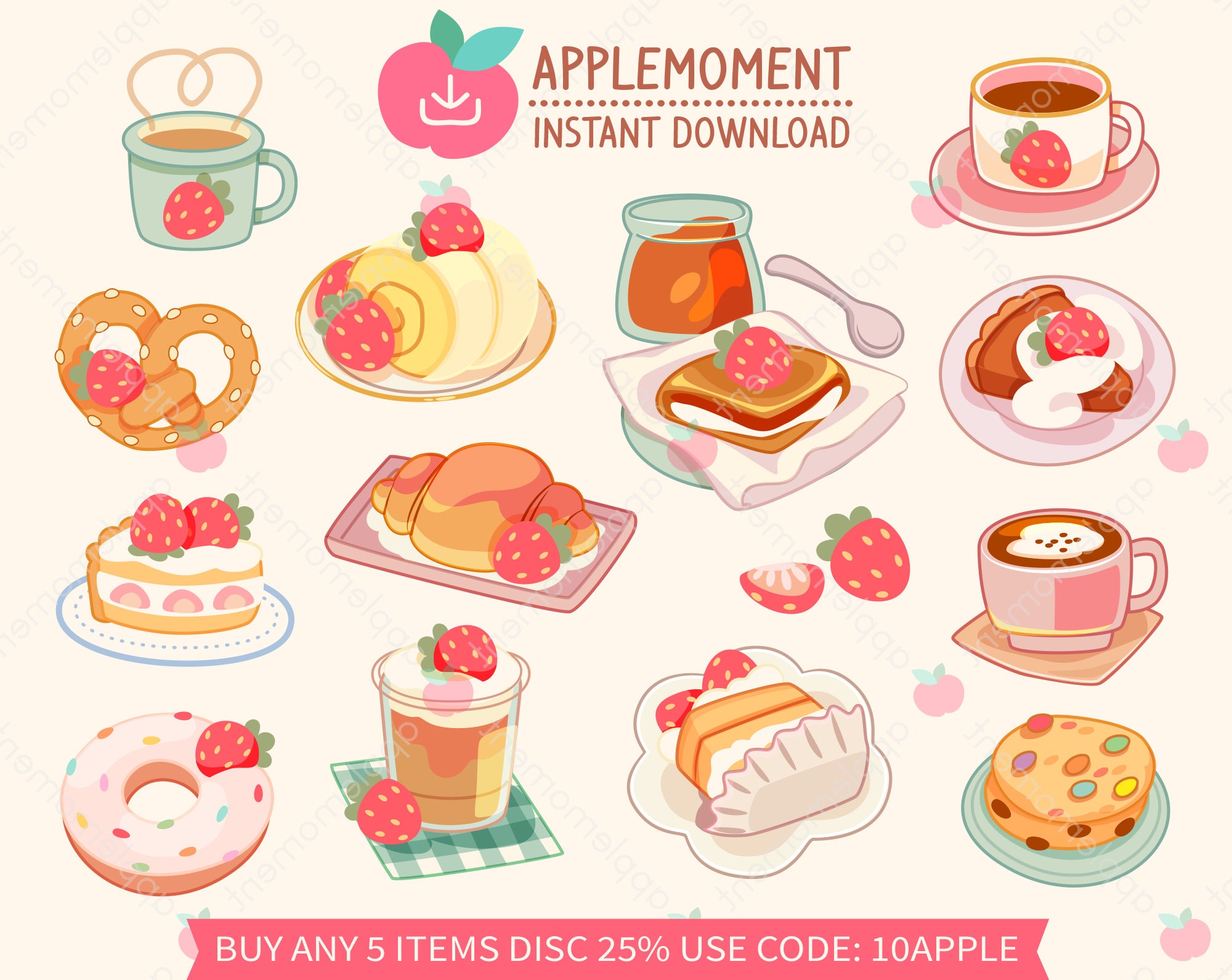 Cute Kawaii Printable Digital Stickers Clipart Strawberry Coffee and ...