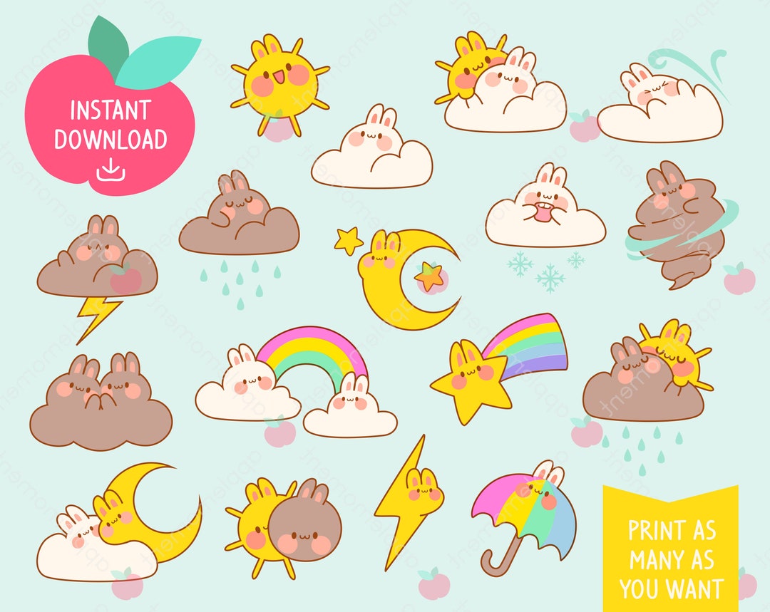 Cute Kawaii Printable Digital Stickers Clipart Rainbow Bunny Weather ...