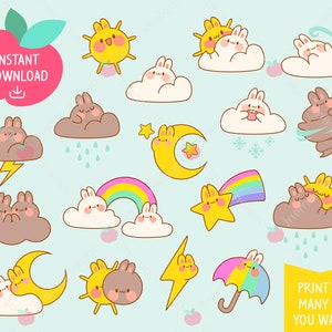 Cute Kawaii Printable Digital Stickers Clipart Rainbow Bunny Weather ...